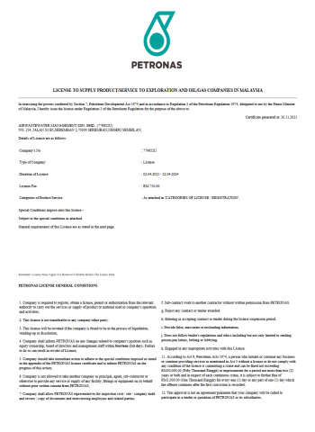 LICENSE TO SUPPLY PRODUCT For PETRONAS - (THE ENVIRONMENTAL SPECIALIST ...