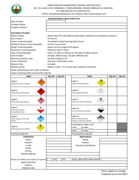 Scheduled Waste Labels - (THE ENVIRONMENTAL SPECIALIST WITH MS ISO 9001 ...