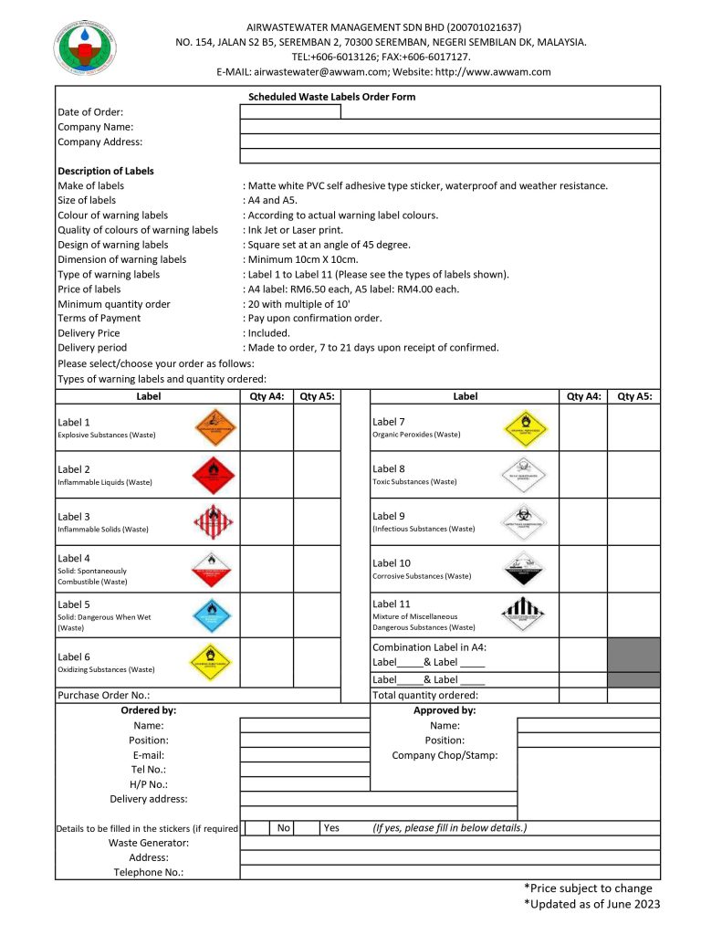 Scheduled Waste Labels - (THE ENVIRONMENTAL SPECIALIST WITH MS ISO 9001 ...